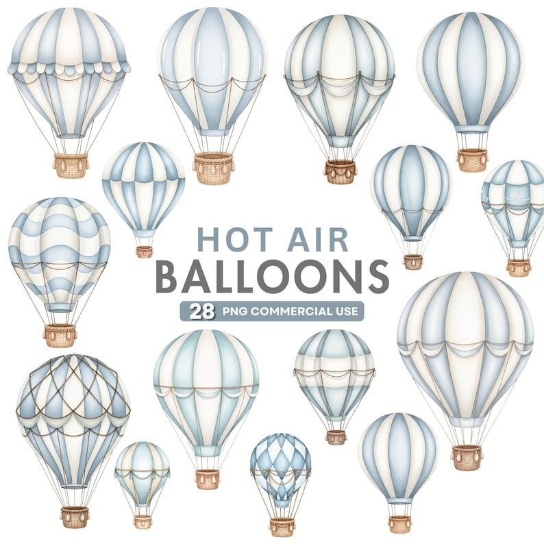Blue Hot Air Balloon Clipart, Air Transport Clipart, Baby Shower ...