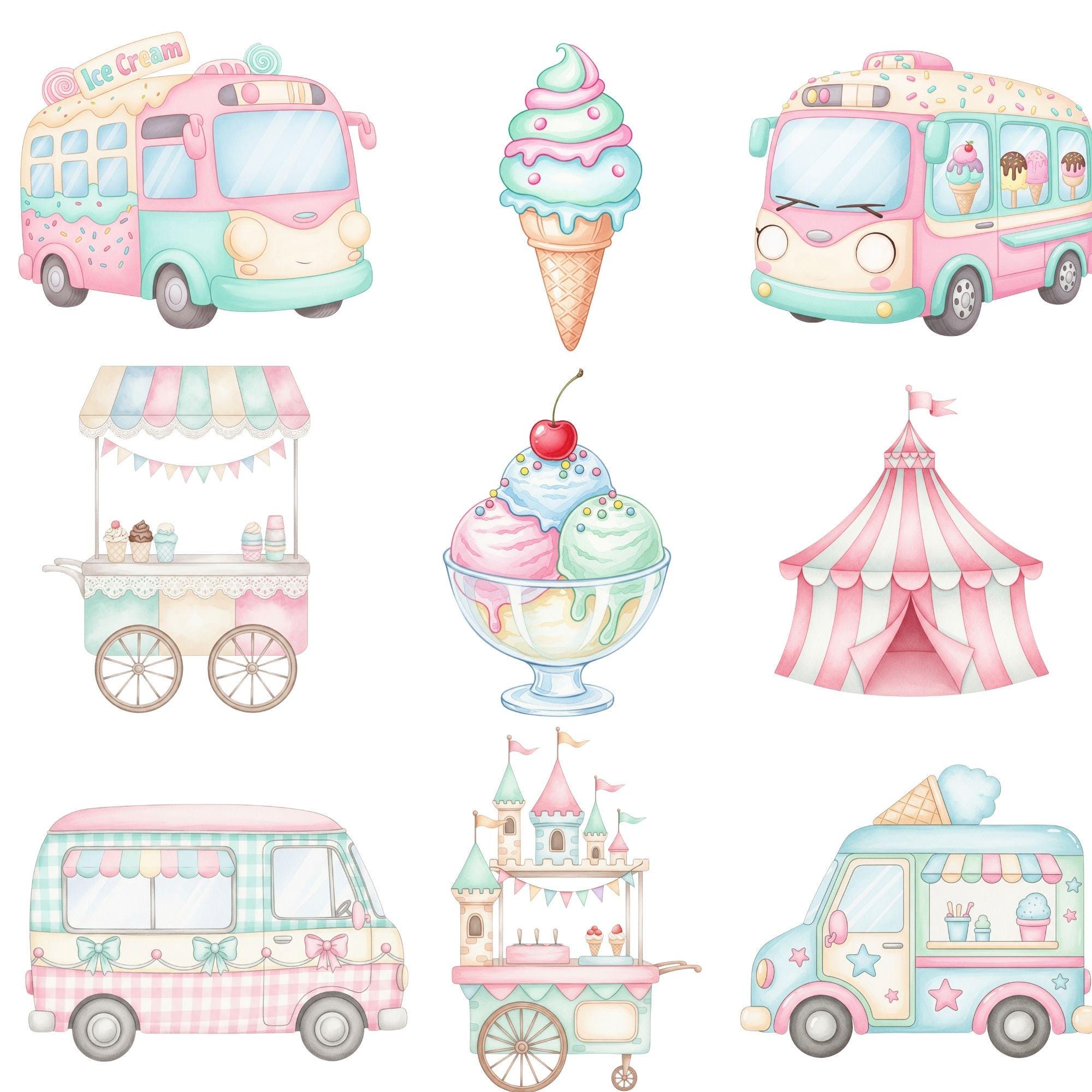 Ice Cream Truck Clipart, Ice Cream Cart PNG, Watercolor Ice Cream Van ...