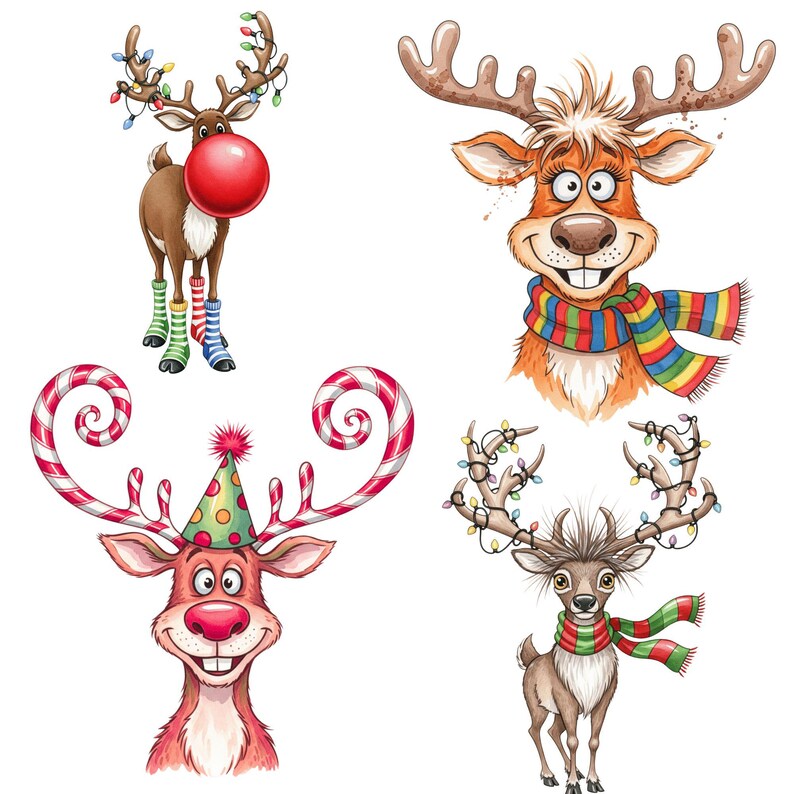 Quirky Christmas Reindeer Clipart, Funny Reindeer PNG, Watercolor ...