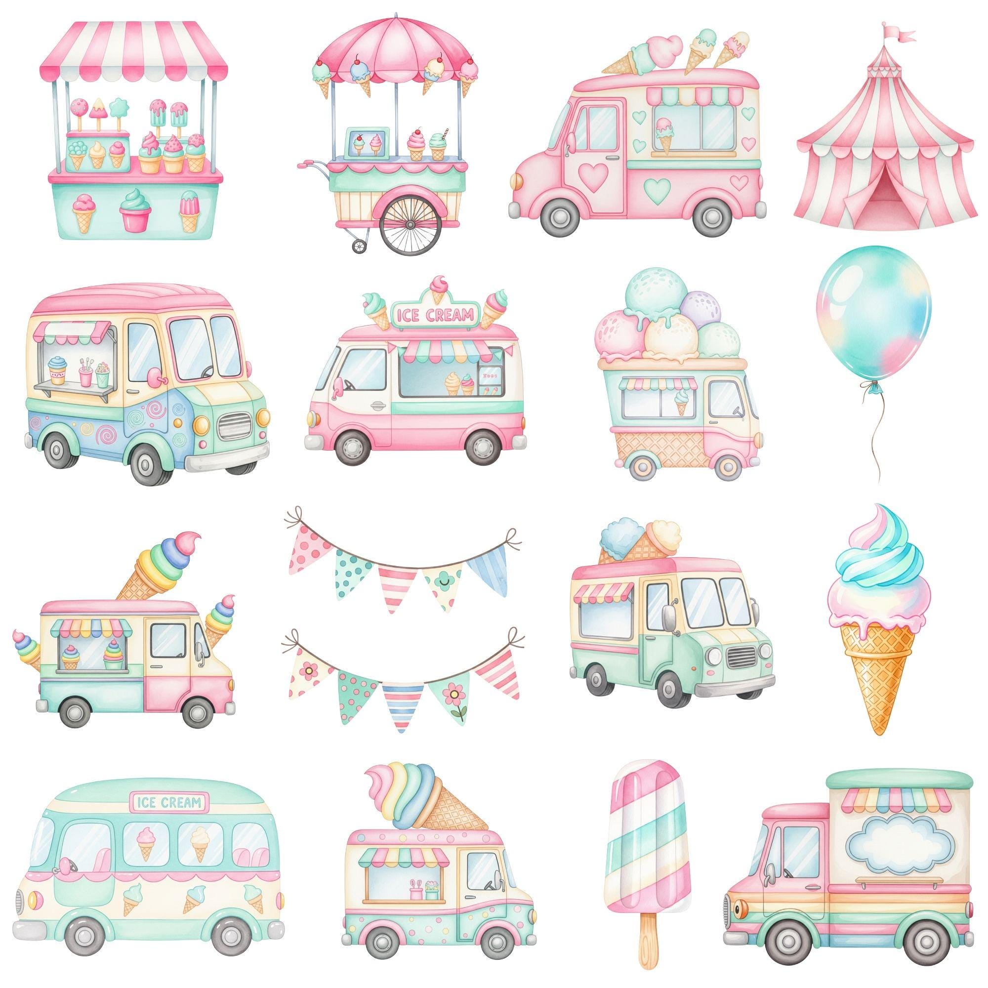 Ice Cream Truck Clipart, Ice Cream Cart PNG, Watercolor Ice Cream Van ...