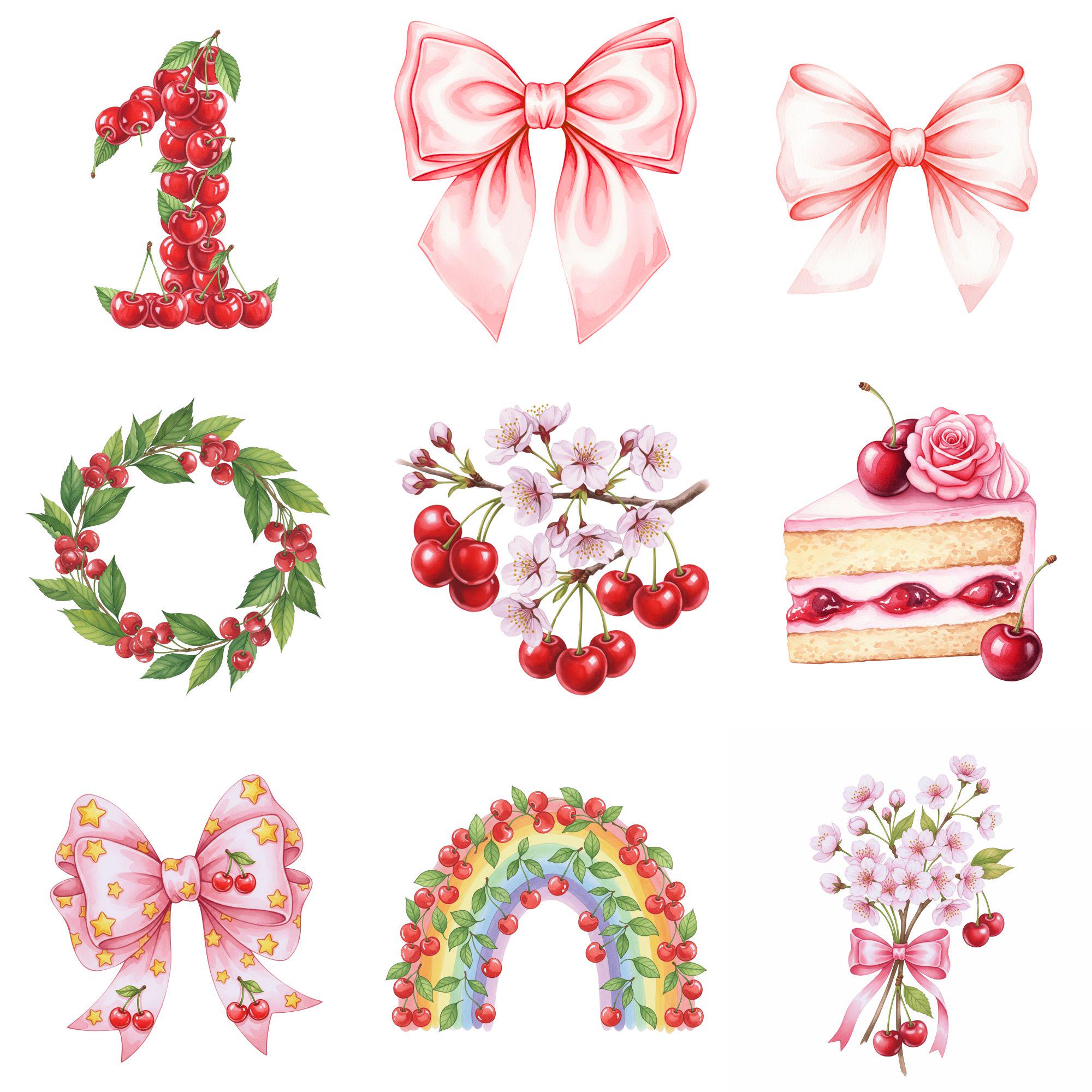 Cherry Clipart, Watercolor Cherry PNG, Cherry Bow Clipart, Cherry First ...