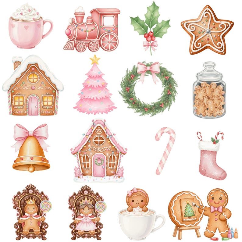 Pink Gingerbread Clipart, Cute Christmas PNG, Watercolor Gingerbread ...