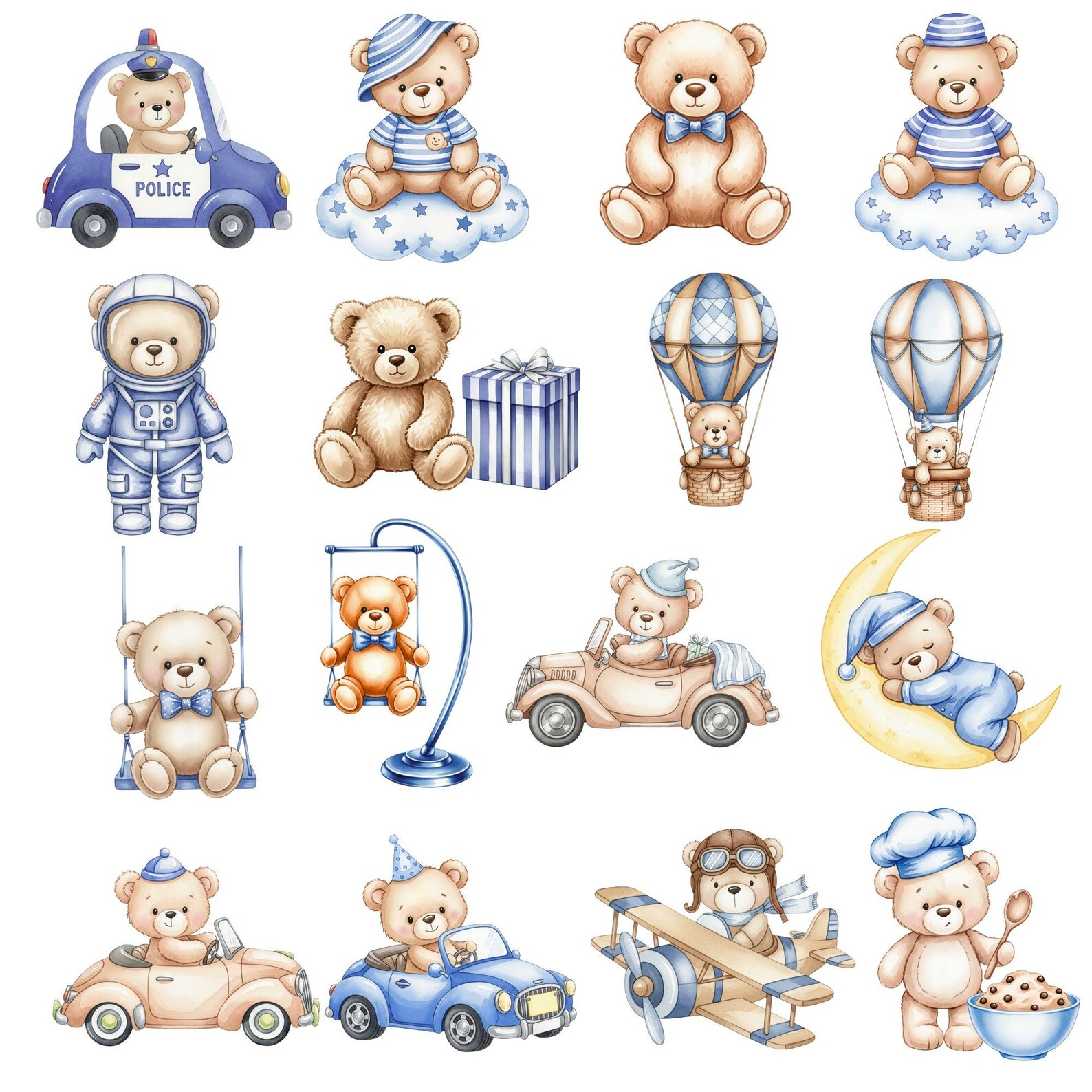 Watercolor Teddy Bear Clipart, Blue Bear Clipart, Baby Shower PNG ...