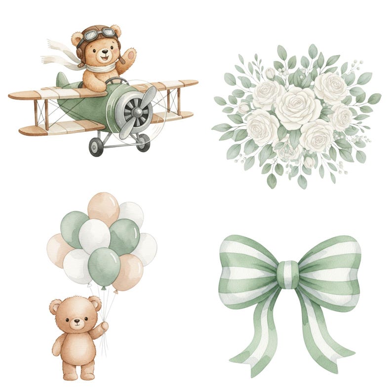 Watercolor Green Teddy Bear Clipart, Aviator Teddy Bear PNG, Baby Bear ...