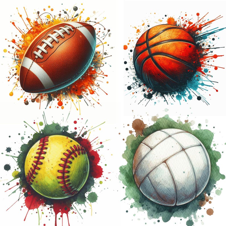 Watercolor Sports Ball Clipart, Basketball, Soccer, Football, Baseball ...