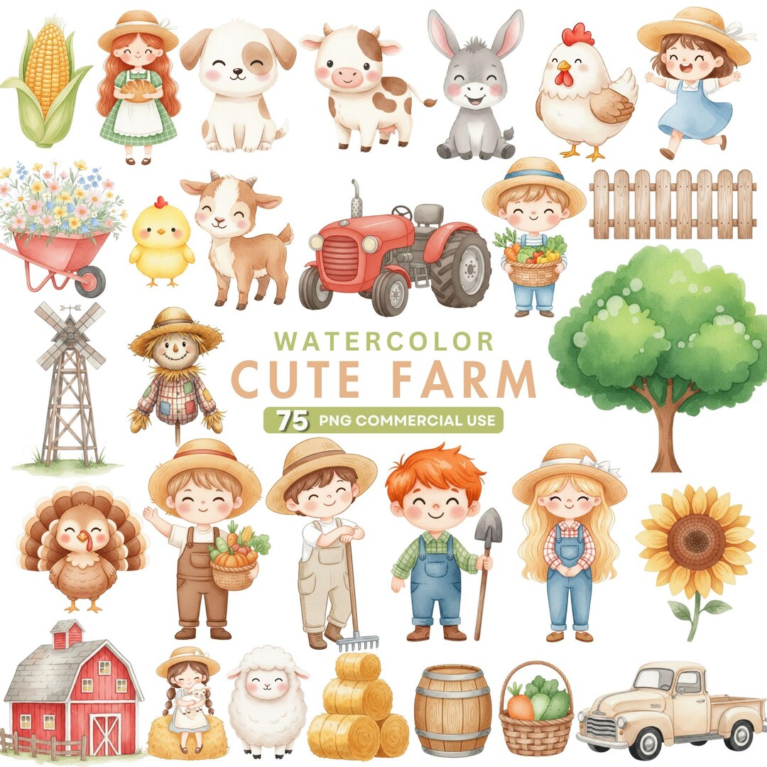 Cute Farm Clipart, Watercolor Farm Animals, Baby Animals, Cottagecore ...