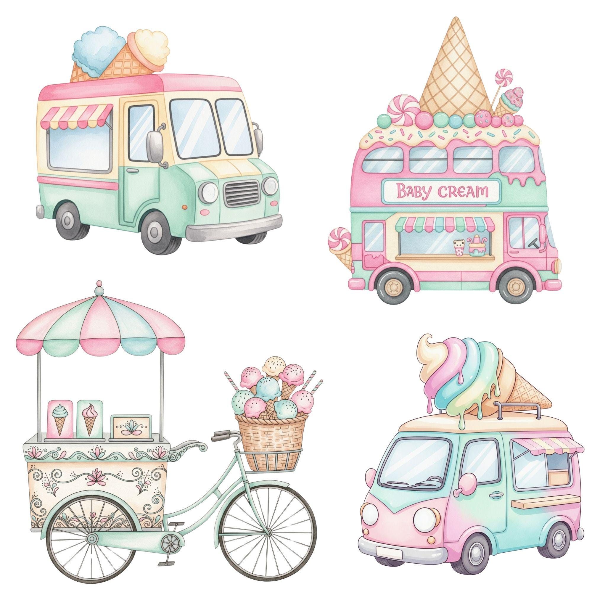 Ice Cream Truck Clipart, Ice Cream Cart PNG, Watercolor Ice Cream Van ...
