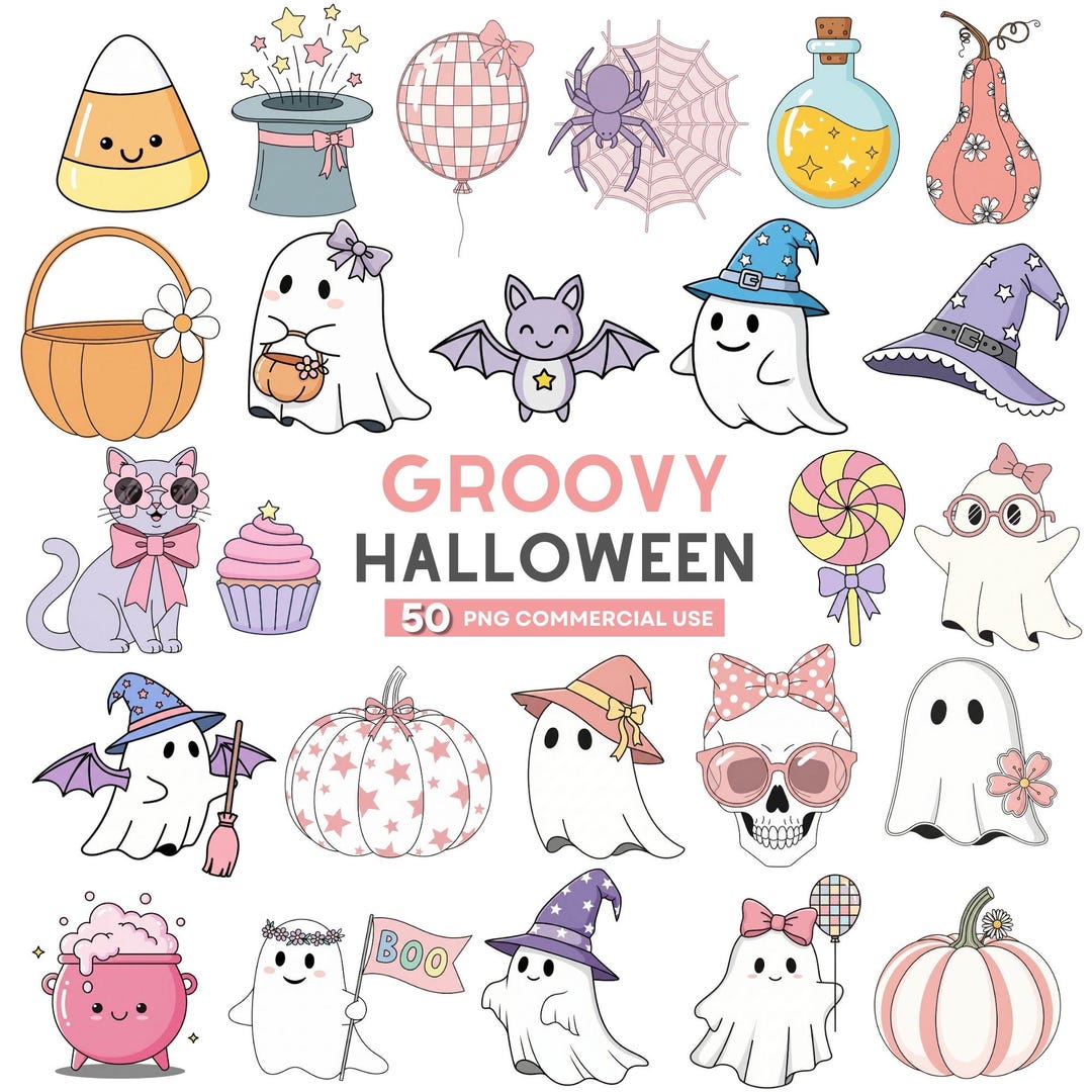 Groovy Halloween Clipart, Retro Halloween Png, Flower Ghosts, Hippie ...