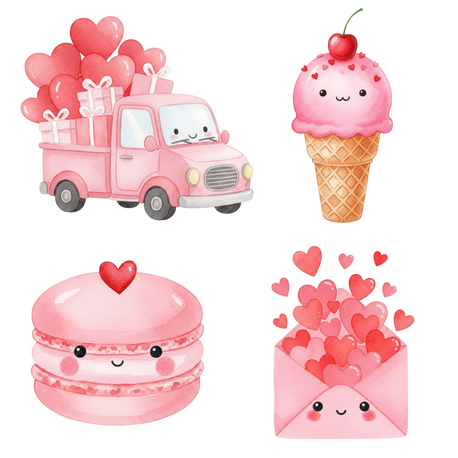Valentine Clipart, Cute Kawaii Hearts, Teddy Bears, Watercolor Sweets ...