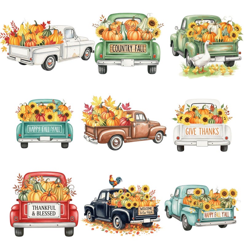 Watercolor Fall Truck Clipart, Pumpkin Truck PNG, Autumn Harvest Truck ...