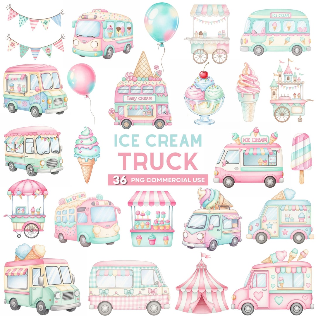Ice Cream Truck Clipart, Ice Cream Cart PNG, Watercolor Ice Cream Van ...