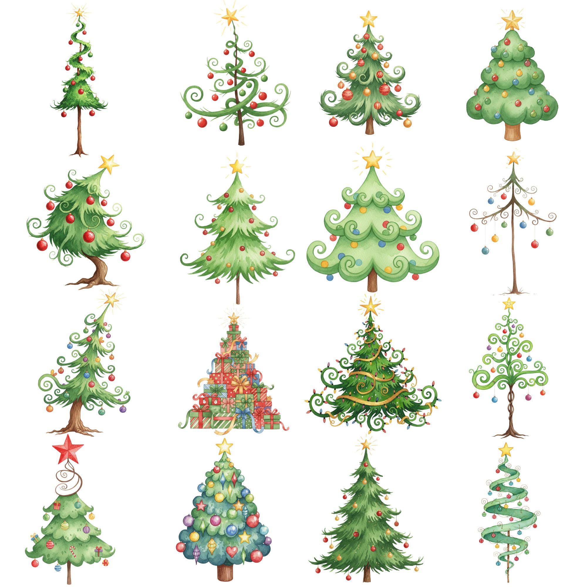 Whimsical Christmas Tree Clipart, Watercolor Tree Png, Quirky Holiday ...