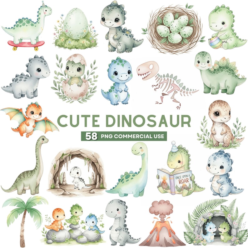 Cute Dinosaur Clipart, Watercolor Baby Dino PNG, Dinosaur Baby Shower ...