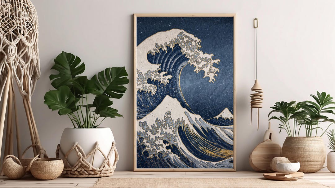 Great Wave Hokusai Print, Navy Blue Gold Japanese Art, Textured Ocean ...