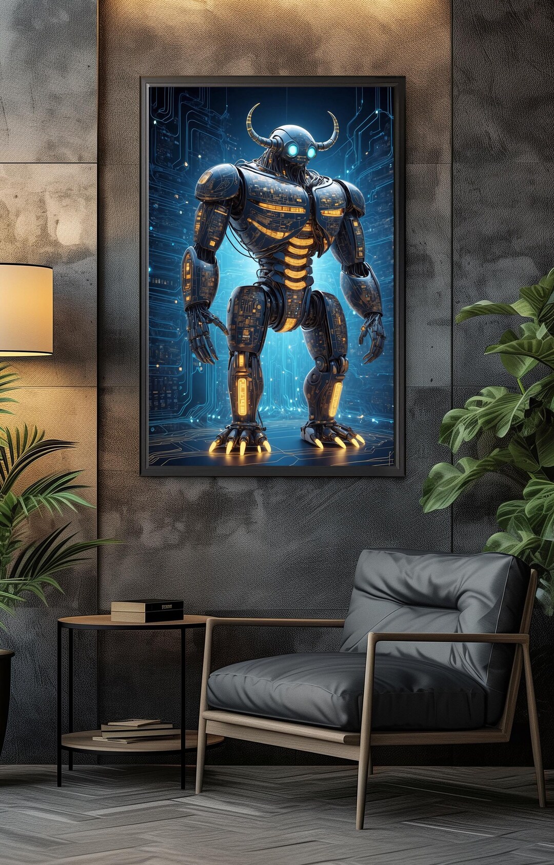 Armored Horned Mech Warrior, Cybernetic Minotaur Illustration, Blue ...