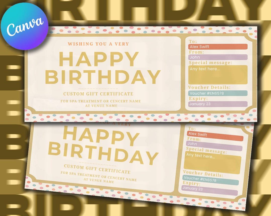 Editable Birthday Gift Certificate Canva Template (digital Download) - Etsy