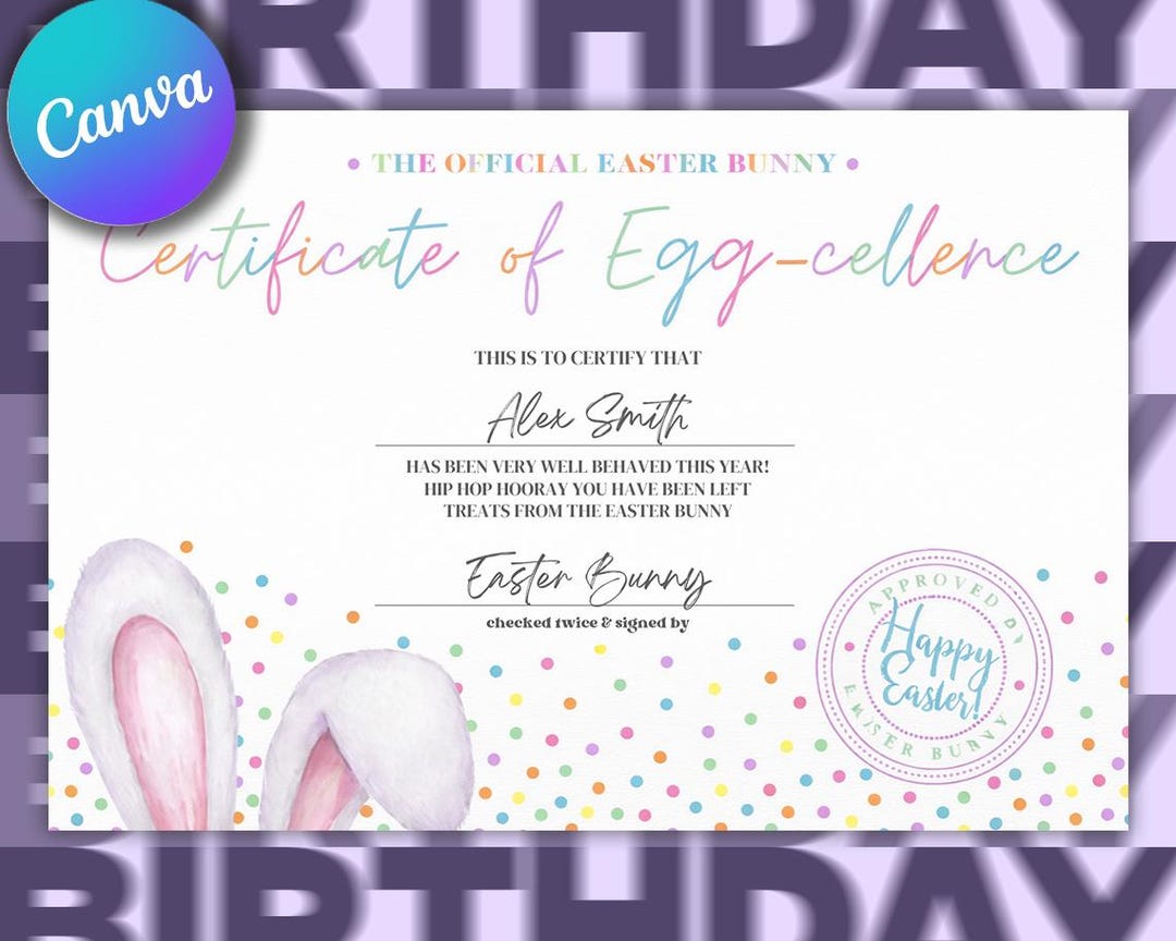 Editable Easter Bunny Certificate: Egg-cellence Award (instant Download ...