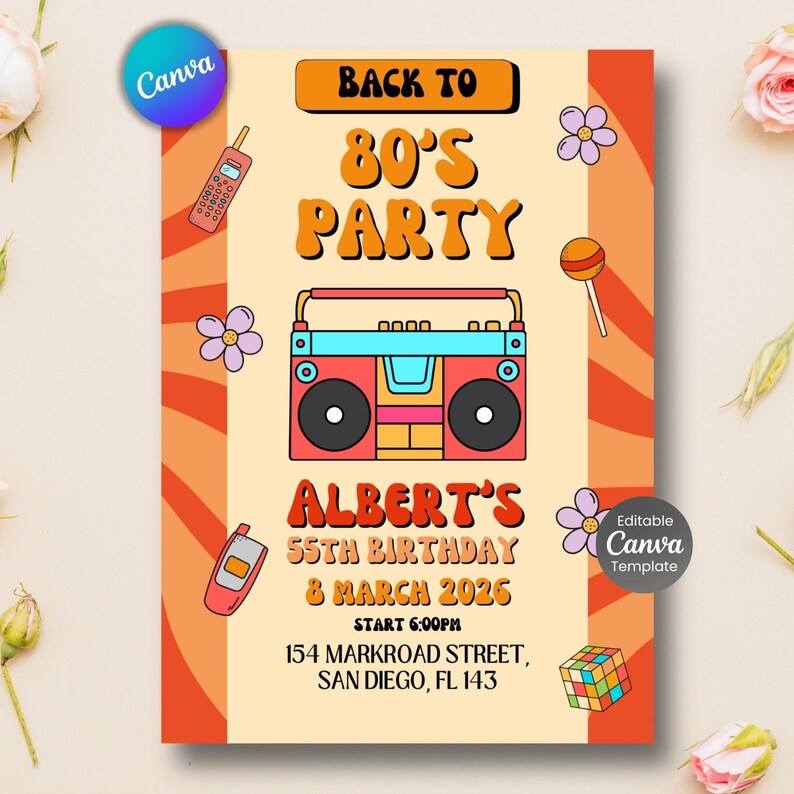 Editable 80s Birthday Party Invitation, Retro Neon (canva Template) - Etsy
