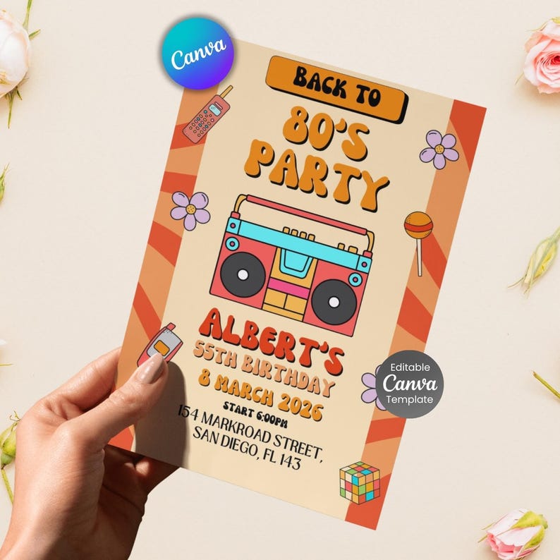 Editable 80s Birthday Party Invitation, Retro Neon (canva Template) - Etsy