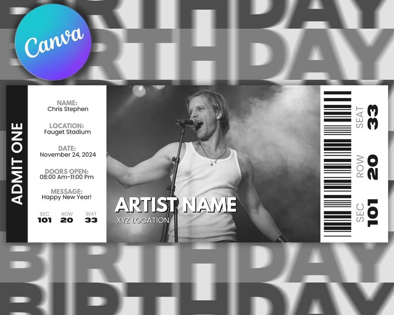 Editable Concert Ticket Template, Personalized Music Event Gift ...