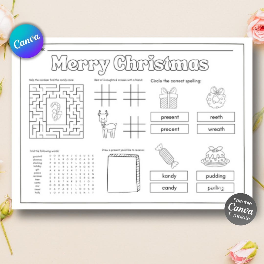 Christmas Activity Placemat, Kids Holiday Coloring Page (instant ...