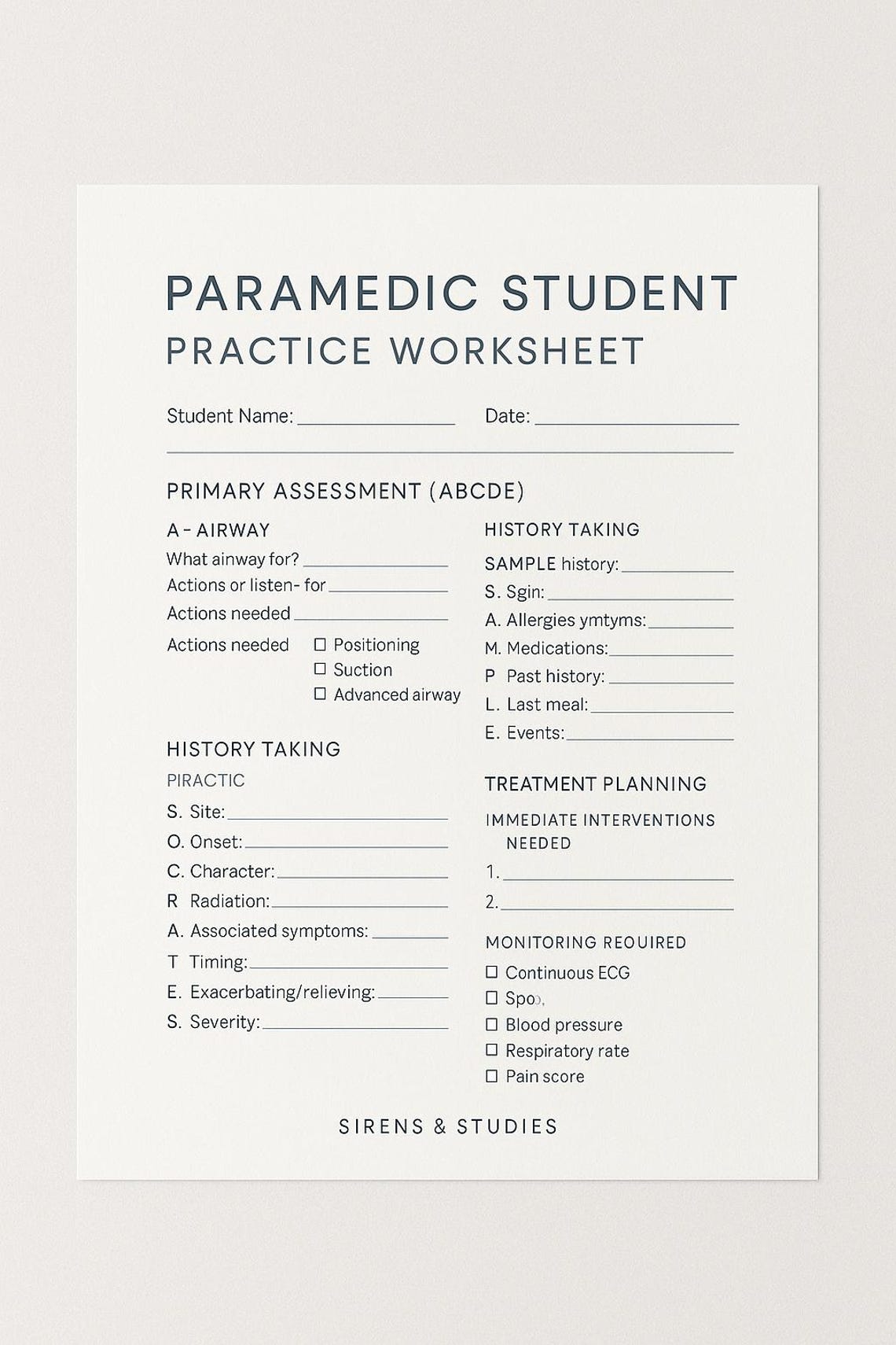 UK Paramedic Assessment Template Bundle | Student Practice Worksheet ...
