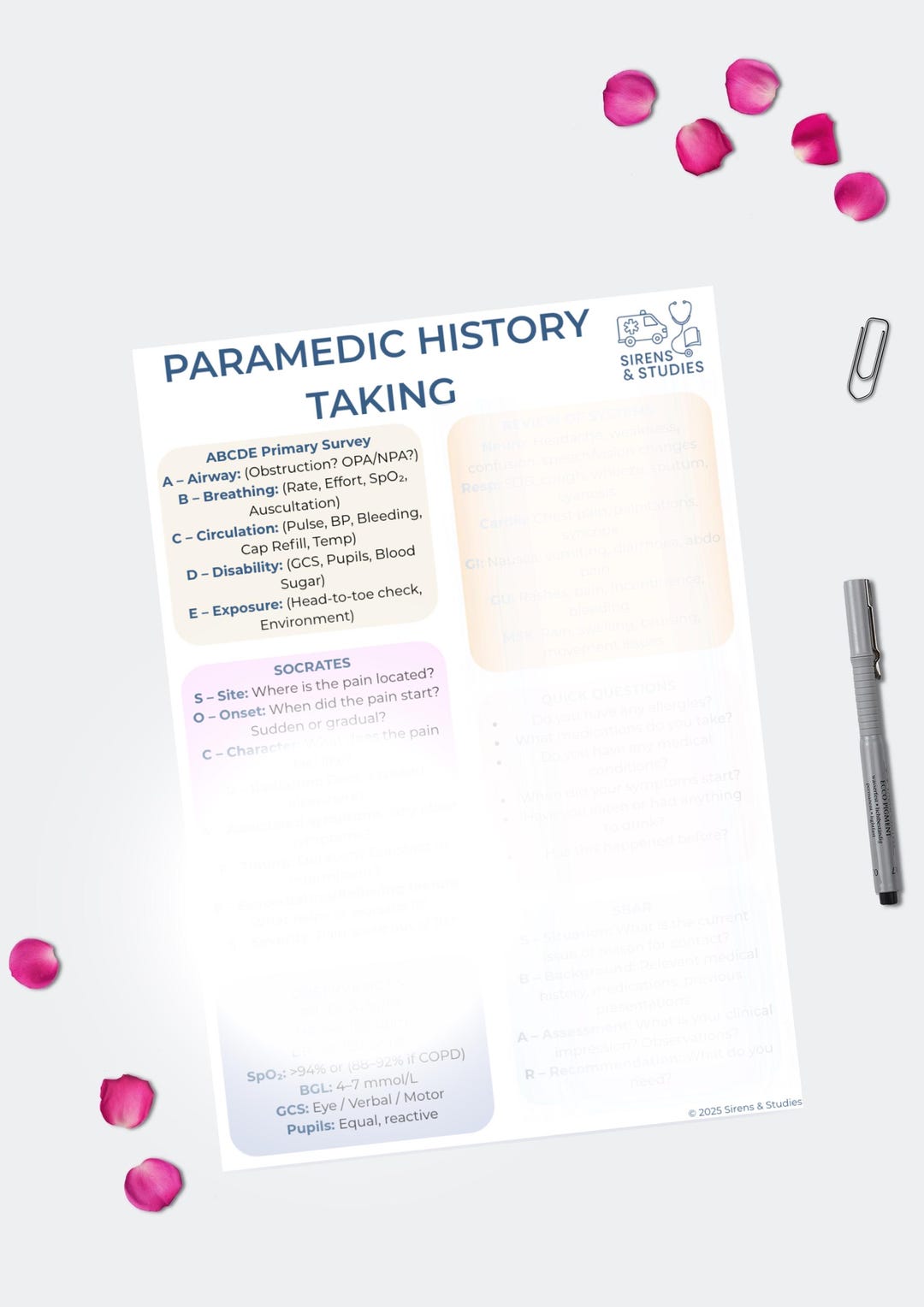 Paramedic History Taking Cheat Sheet | Printable PDF | Colour and Black ...