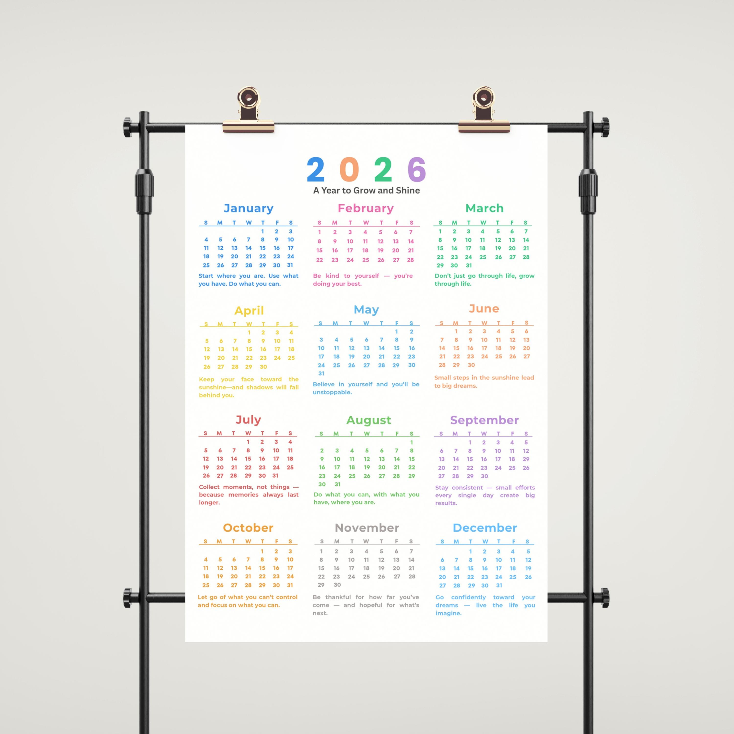 Colorful Calendar 2026 Printable, Minimalist One Page 12 Month Wall ...