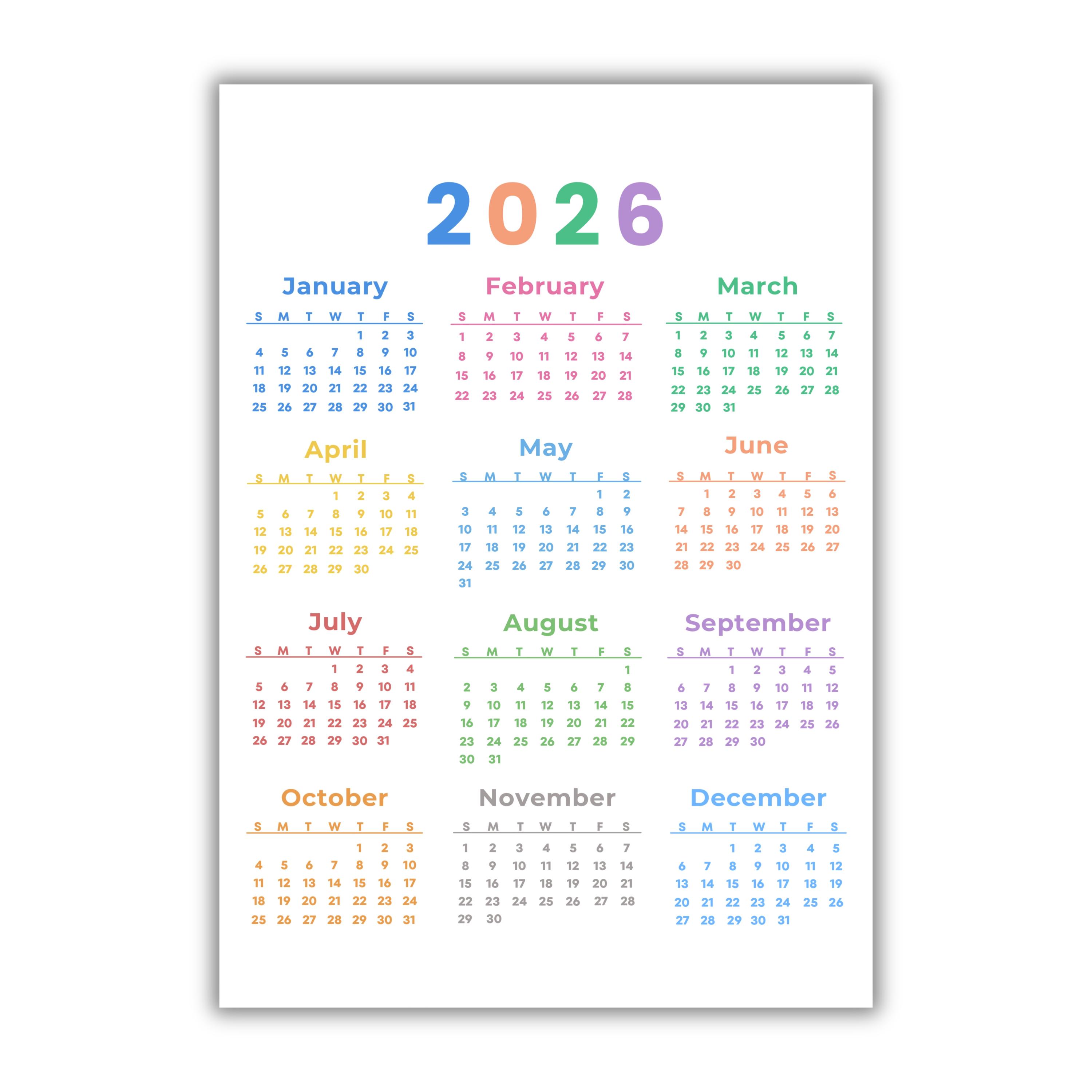 2026 Calendar, One Page Year at a Glance Printable Calendar, Monday ...