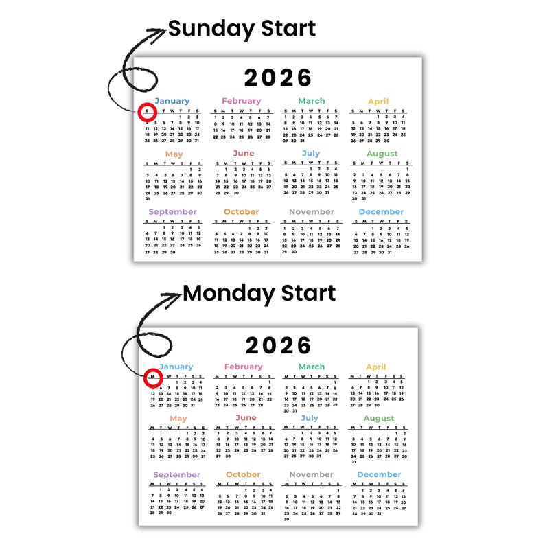 2026 Year at A Glance Wall Calendar, Monday & Sunday Start Printable ...