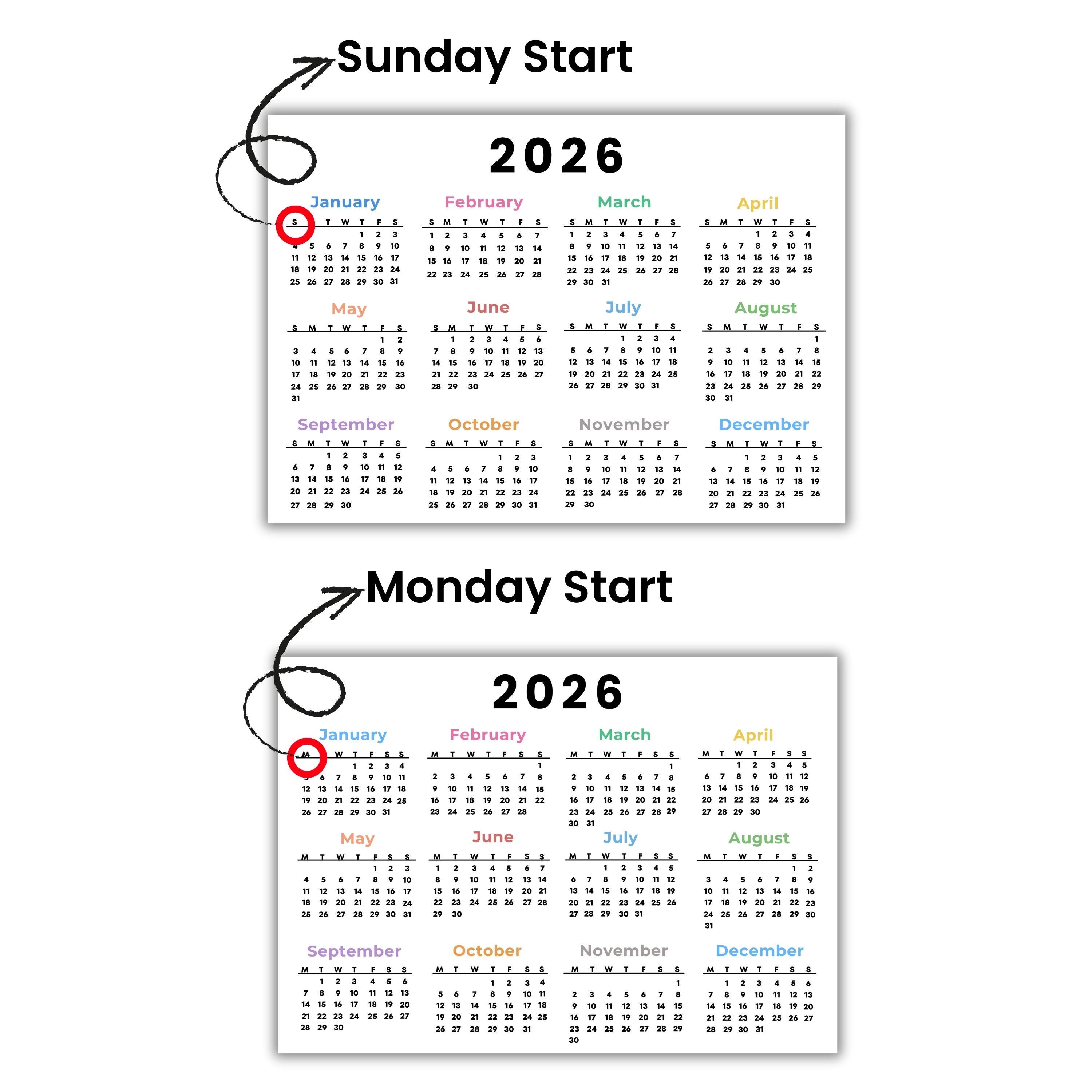 2026 Year at A Glance Wall Calendar, Monday & Sunday Start Printable ...