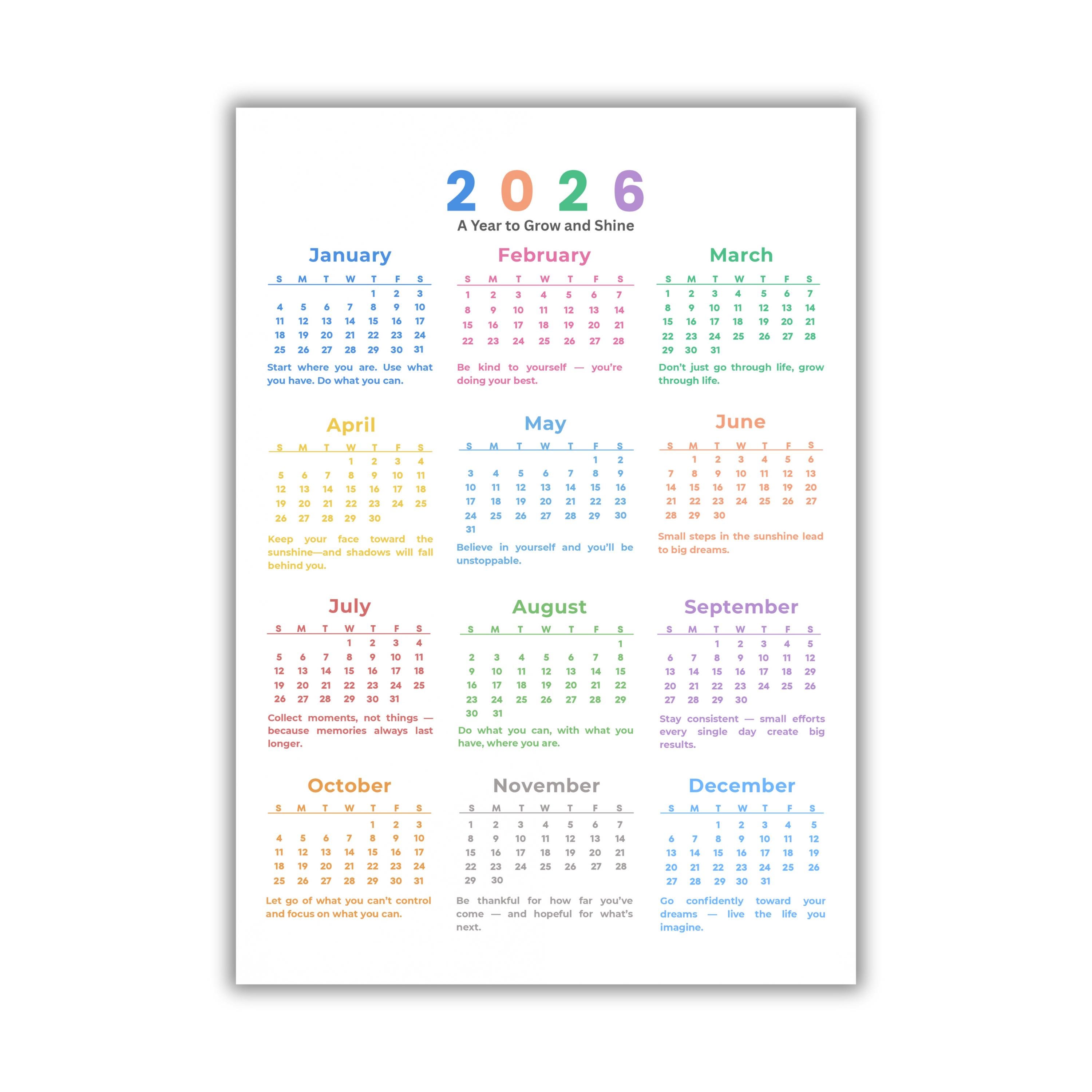Colorful Calendar 2026 Printable, Minimalist One Page 12 Month Wall ...