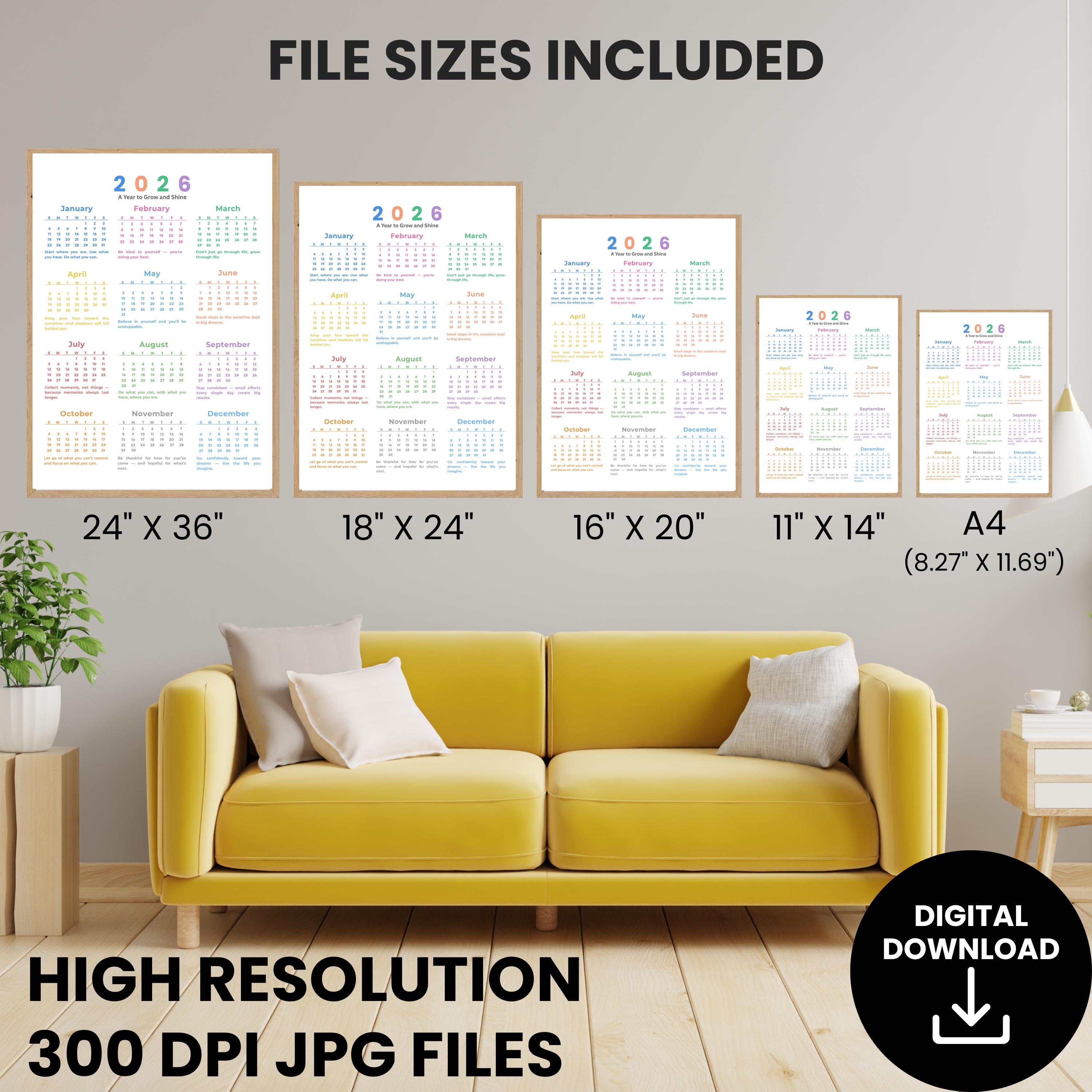 Colorful Calendar 2026 Printable, Minimalist One Page 12 Month Wall ...