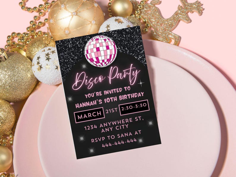 Editable Disco Birthday Invitation: Neon Party, Canva Template (digital ...