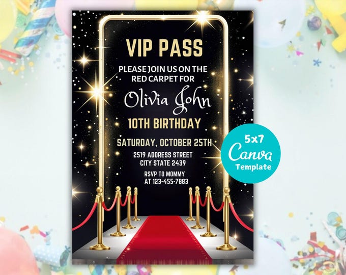 Pink Hollywood Birthday VIP Pass Invitation: Red Carpet Lanyard Insert ...