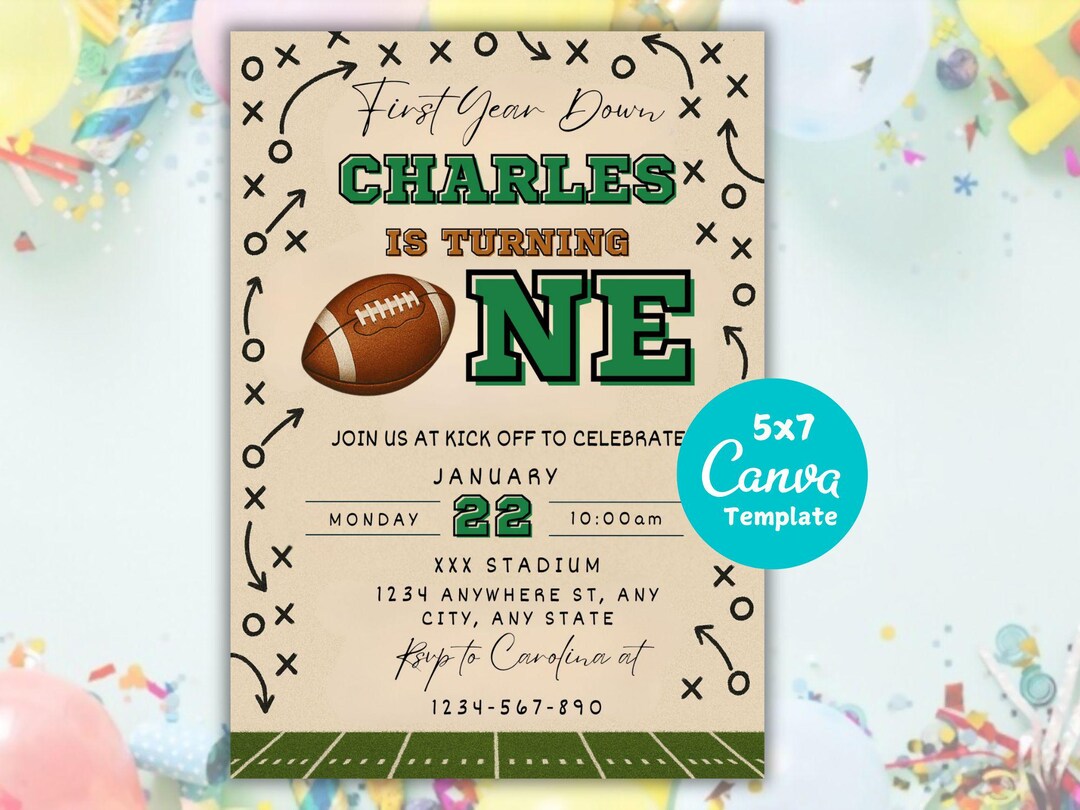 Editable Football 1st Birthday Invitation, Canva Template (5x7 Inches ...