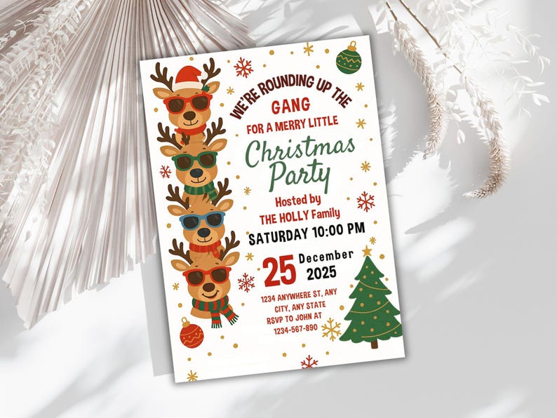 Editable Reindeer Christmas Party Invitation: Rudolph Theme (5x7 Inches ...