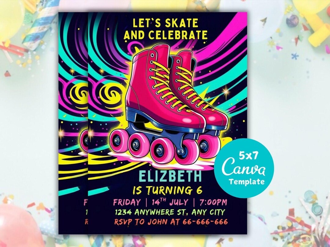 Editable Skate Birthday Invitation: Retro Neon Rollerblade Party (5x7 ...