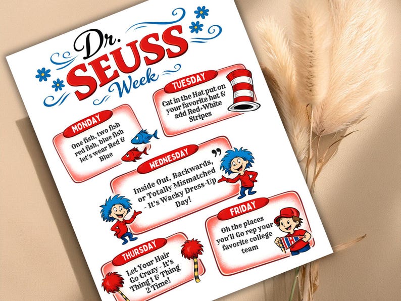 Dr. Seuss Spirit Week Flyer: Read Across America 2026, Editable Canva ...