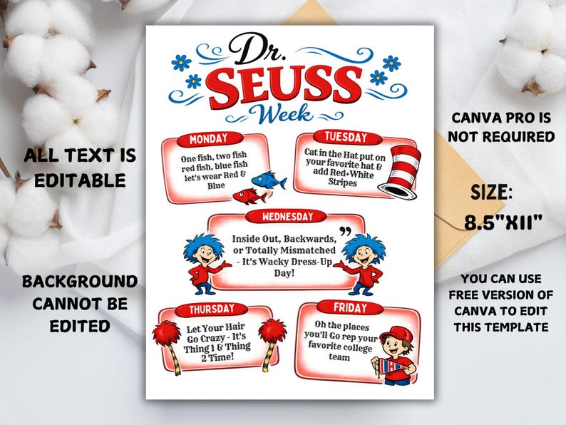 Dr. Seuss Spirit Week Flyer: Read Across America 2026, Editable Canva ...