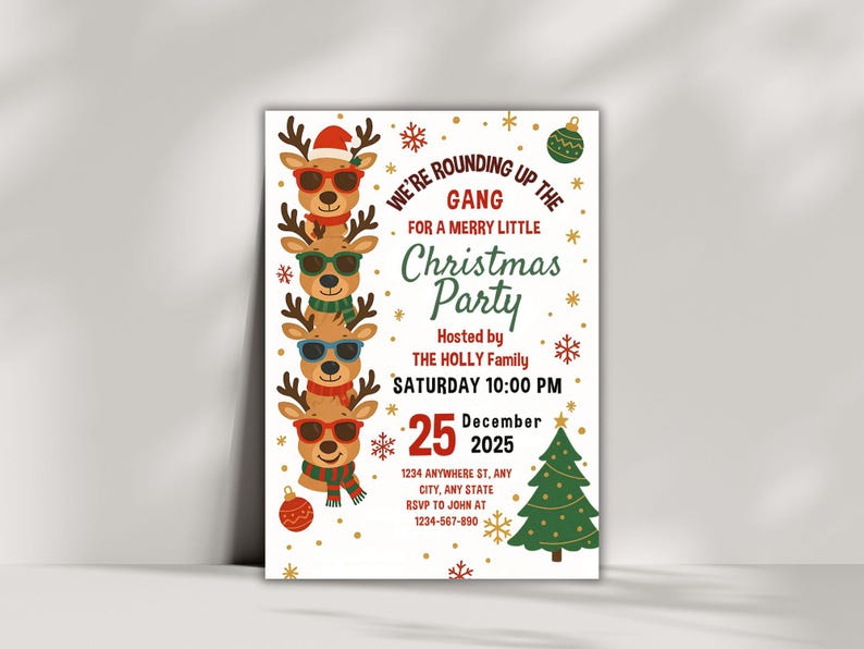 Editable Reindeer Christmas Party Invitation: Rudolph Theme (5x7 Inches ...