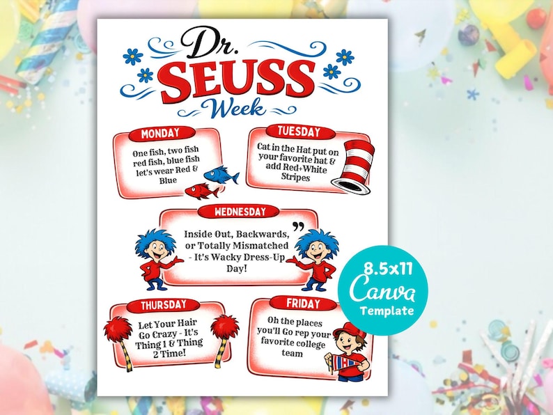 Dr. Seuss Spirit Week Flyer: Read Across America 2026, Editable Canva ...