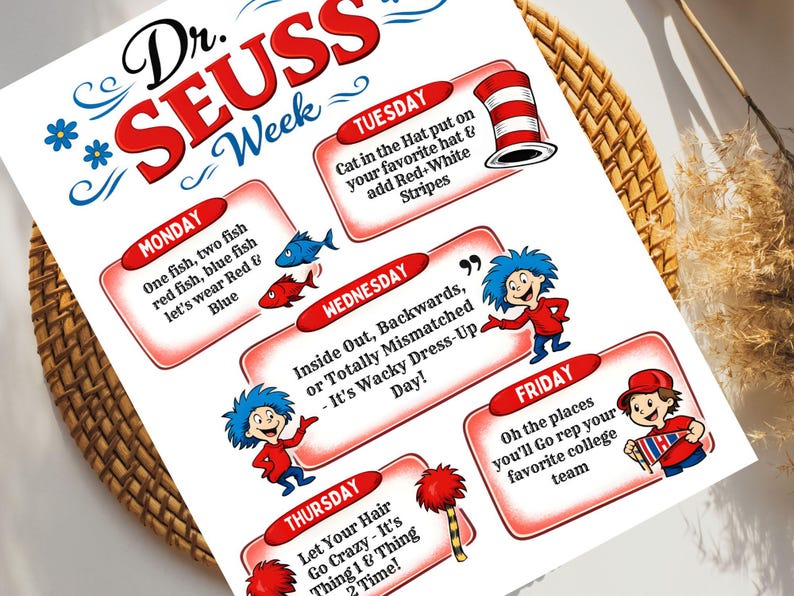 Dr. Seuss Spirit Week Flyer: Read Across America 2026, Editable Canva ...