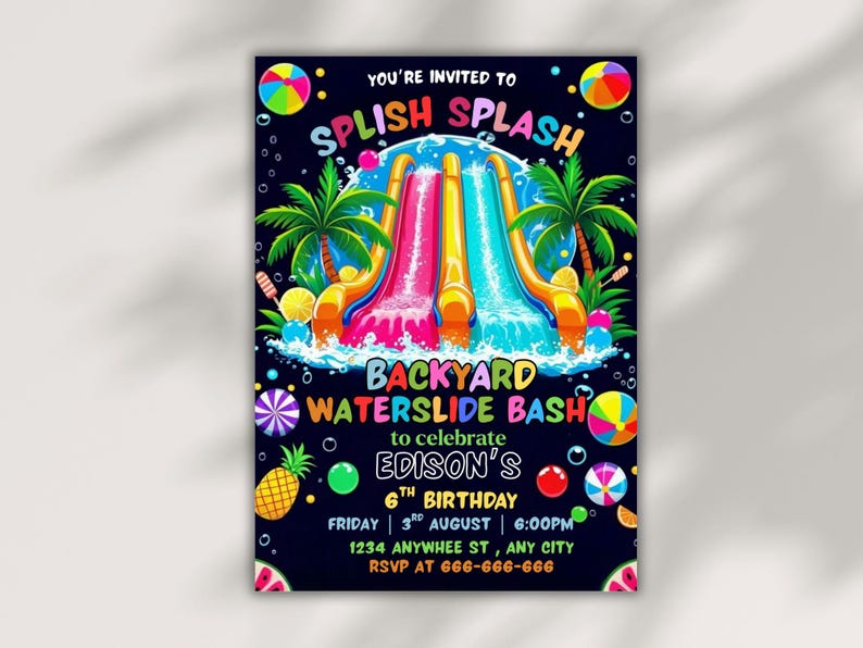 Waterslide Birthday Invitation: Splash Party Evite, Canva Template (5x7 ...
