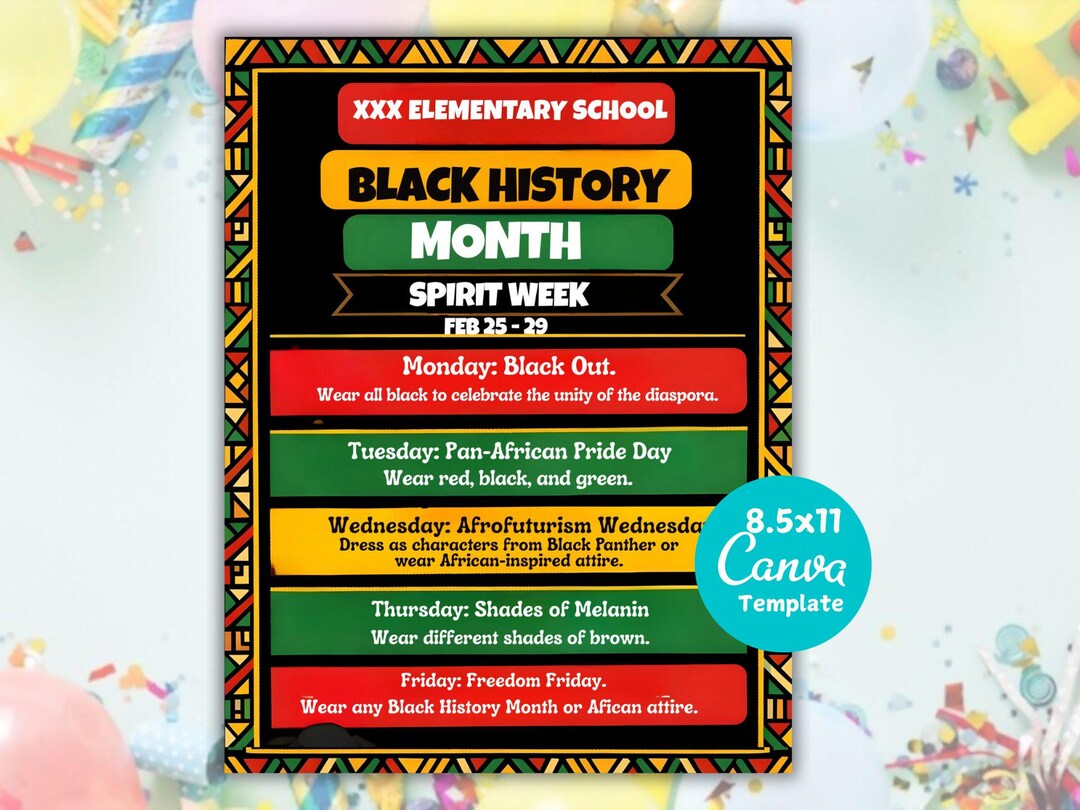 Black History Month Spirit Week Flyer | School Dress up Days, Canva ...