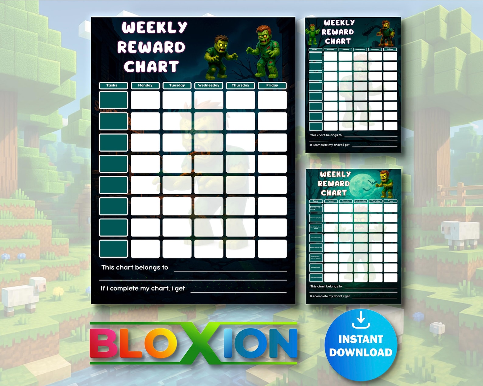 Roblox Zombie Reward Chart for Kids – Weekly Behavior Chore Tracker ...