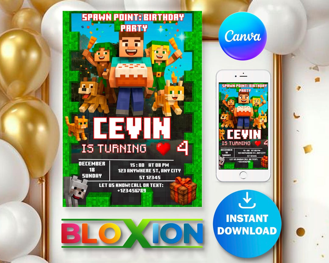 Editable Minecraft Birthday Invitation | Canva Template (digital ...