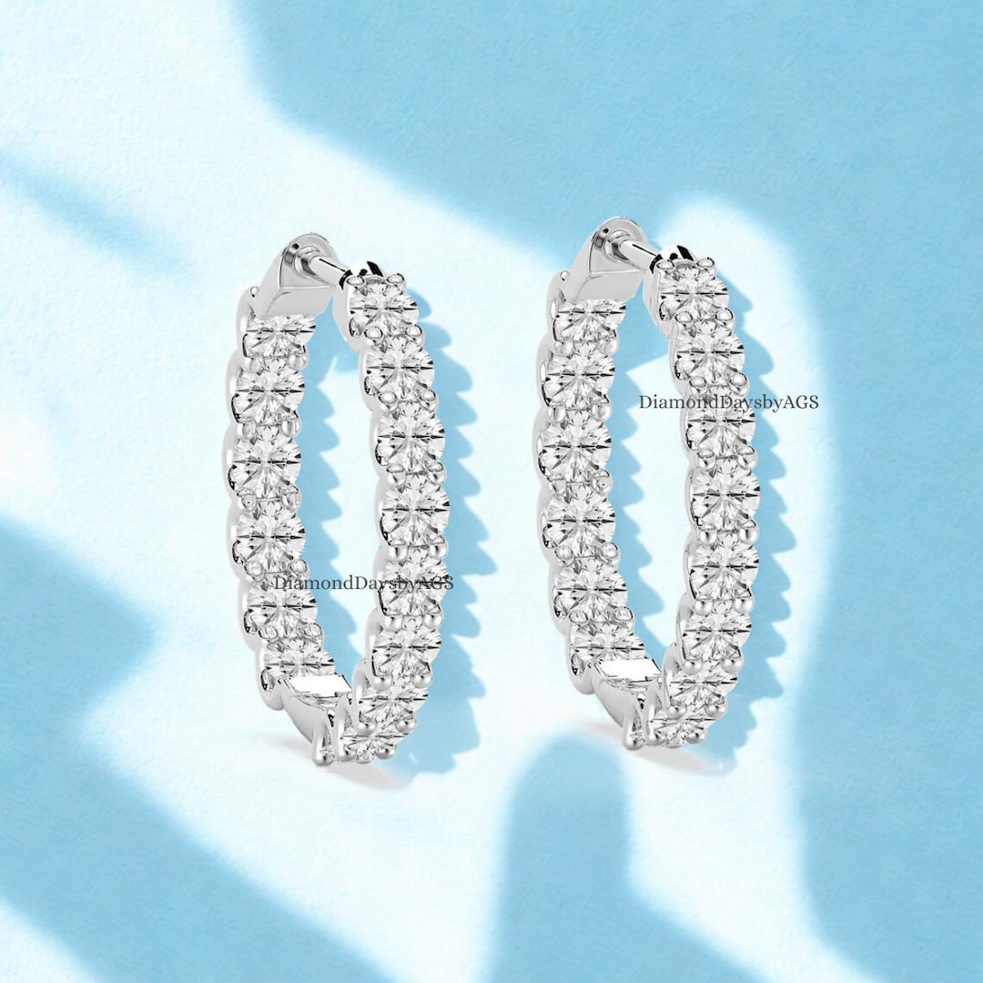 14K Gold Inside Out Diamond Hoop Earrings • Round Lab Grown Diamond ...