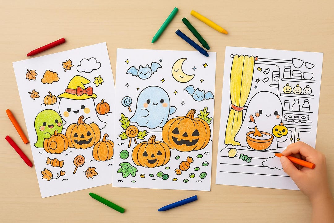 Little Spooks and Pumpkins Halloween Coloring Pages · Cute Ghost and ...