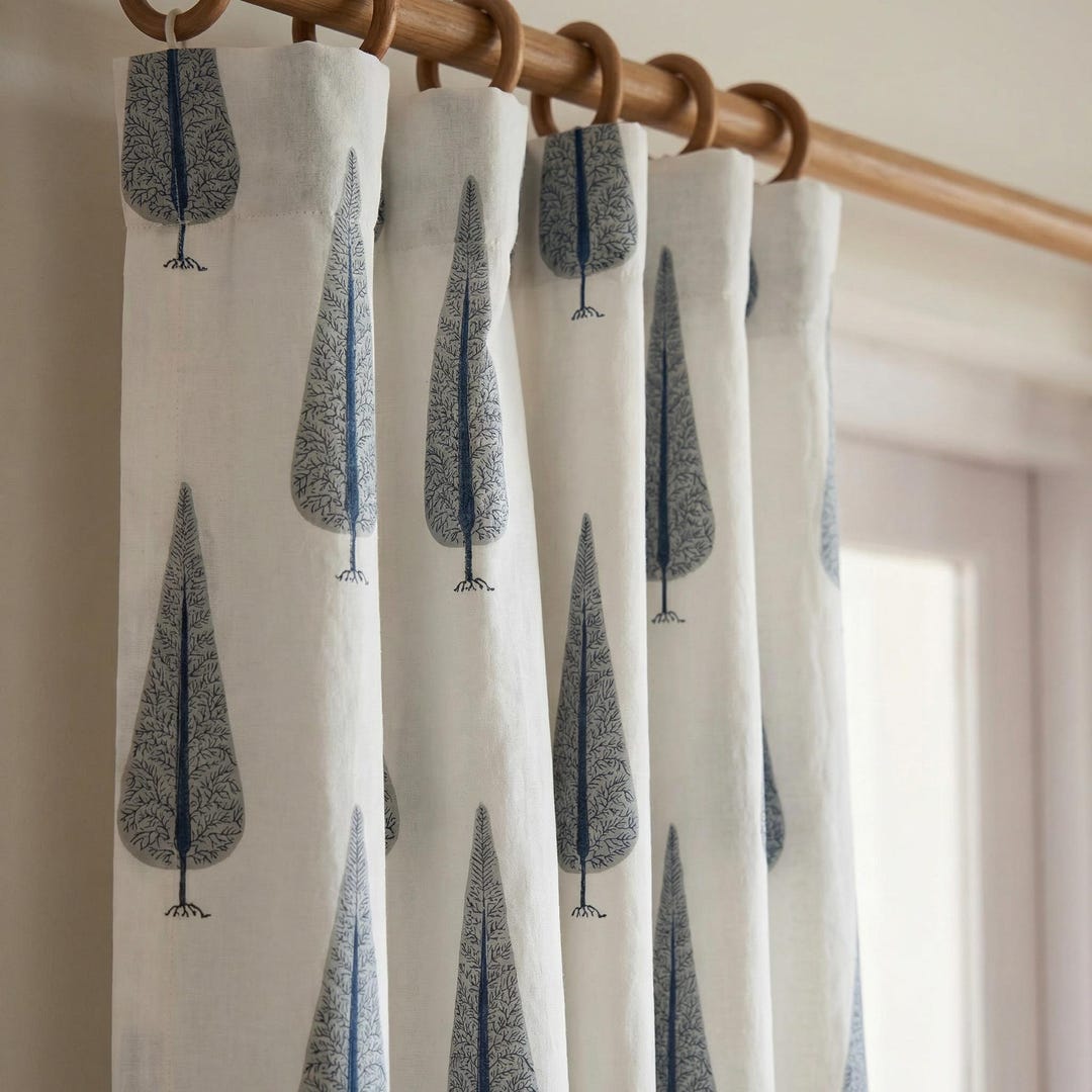 Modern Blue Tree Print Curtains | Scandinavian Botanical Drapes ...